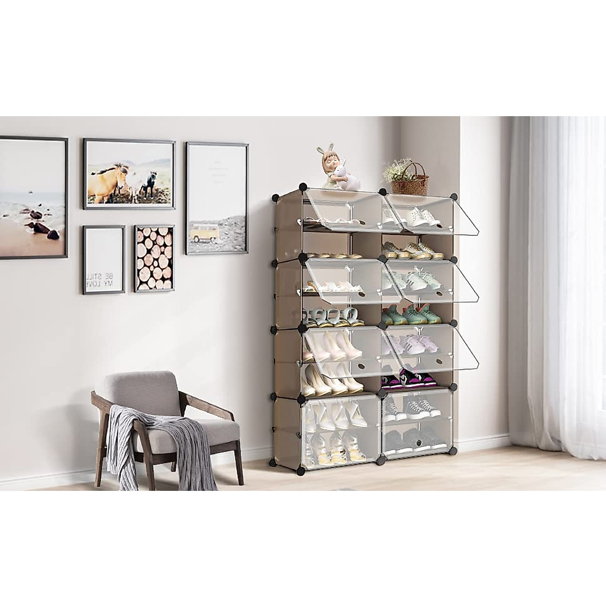 UNZIPE Shoe Rack with Door, 56 Pairs Shoes Storage Cabinet Plastic Freestanding Shoe Shelves DIY Cube Organizer for Closet, Bedroom，Garage Entryway, Dark Coffee