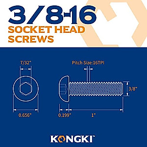 3/8-16 x 1" Button Head Socket Cap Bolts Screws, 304 Stainless Steel 18-8, Allen Hex Drive,Fully Machine Thread, Bright Finish, 15 PCS