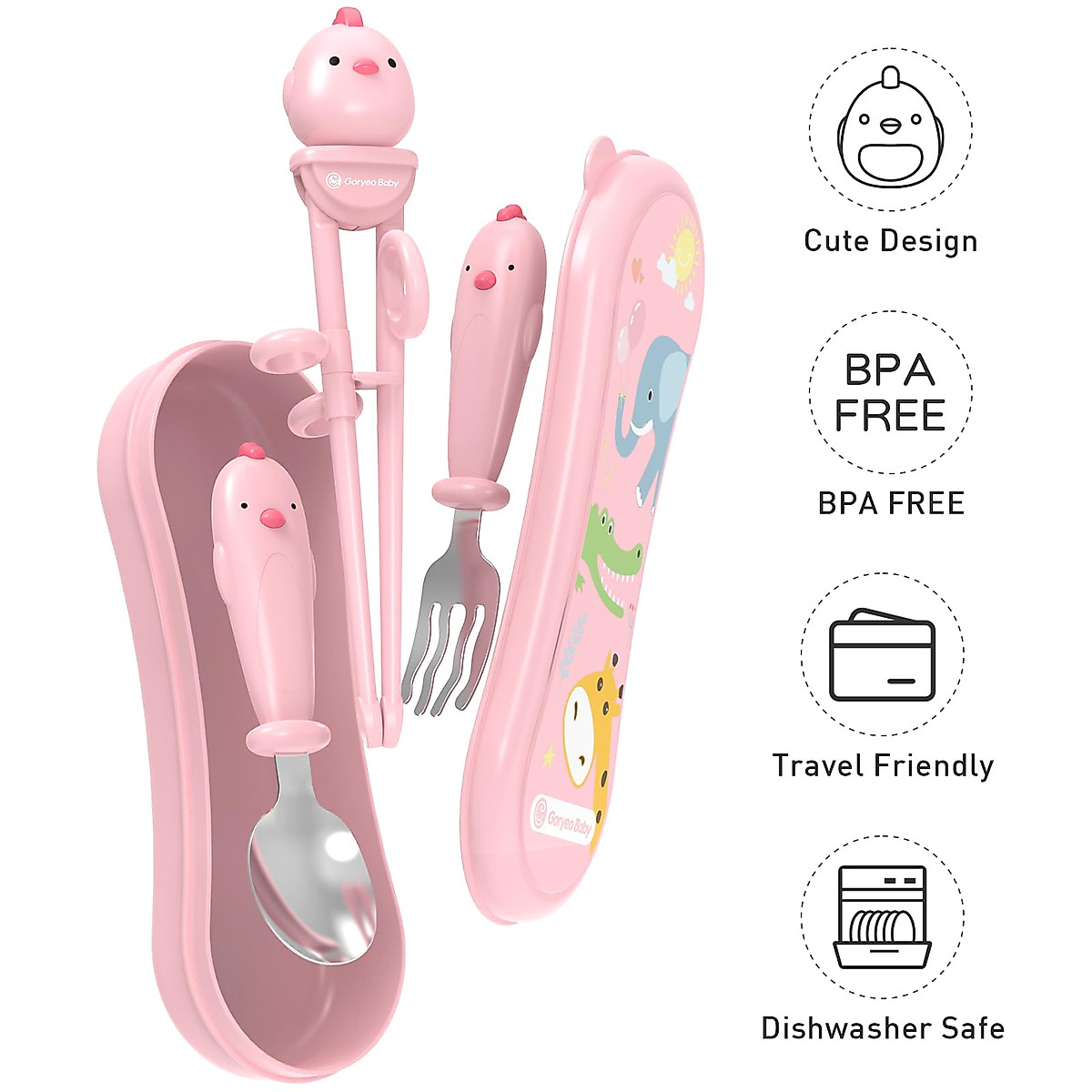 GORYEO BABY Toddler Utensils Stainless Steel Kids Silverware Set with Kids Spoons and Forks Set and Kids Chopsticks for Self Feeding Learning with Portable Case