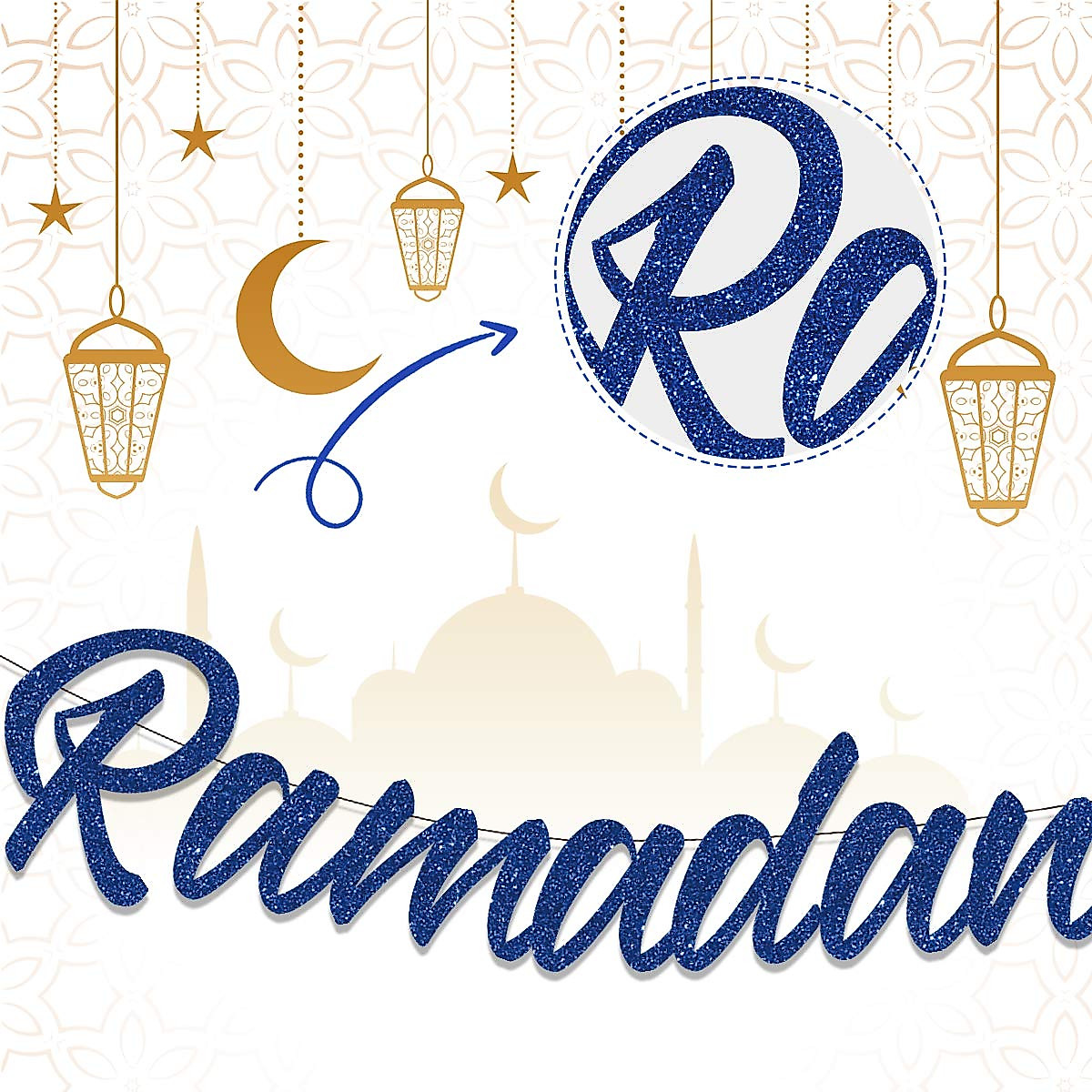 Ramadan Mubarak Banner Decorations for Home Gold Blue Moon and Star Bunting Garland Eid Ramadan Muslim Islamic Hanging Celebration Party Decorations 2 Packs for Muslim