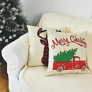 PSDWETS Christmas Pillow Covers Set of 4 Christmas Decorations Cotton Linen Winter Deer Christmas Decor Throw Cushion Cover 18 X 18