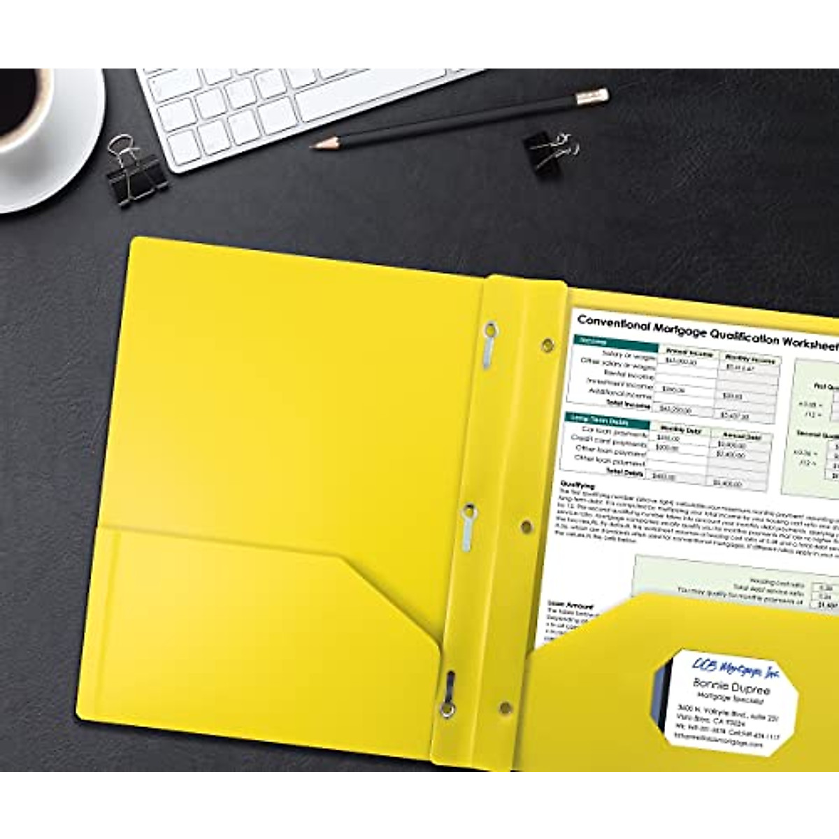 Better Office Products Yellow Plastic 2 Pocket Folders with Prongs, Heavyweight, Letter Size Poly Folders, 24 Pack, with 3 Metal Prongs Fastener Clips, Yellow