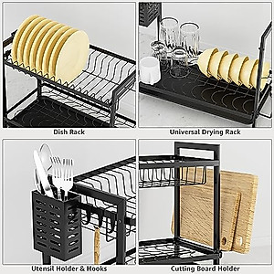 Esusom Dish Drying Rack Compact Drainer 2-Tier Dryer Rack for Small Spaces Dorm Apartment Kitchen Counter Dish Strainers Set with Drainboard Tray Utility Hooks Cutting Board & Utensil Holder