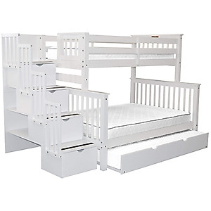 Bedz King Stairway Bunk Beds Twin over Full with 4 Drawers in the Steps and a Twin Trundle, White