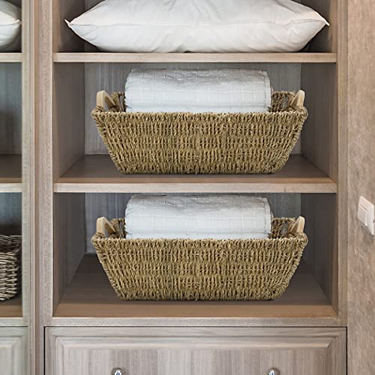 Graciadeco Hand Woven Seagrass Baskets with Wooden Handles Large Natural Shallow Wicker Storage Basket for Organizing Irregular Rectangle, 2 Pack
