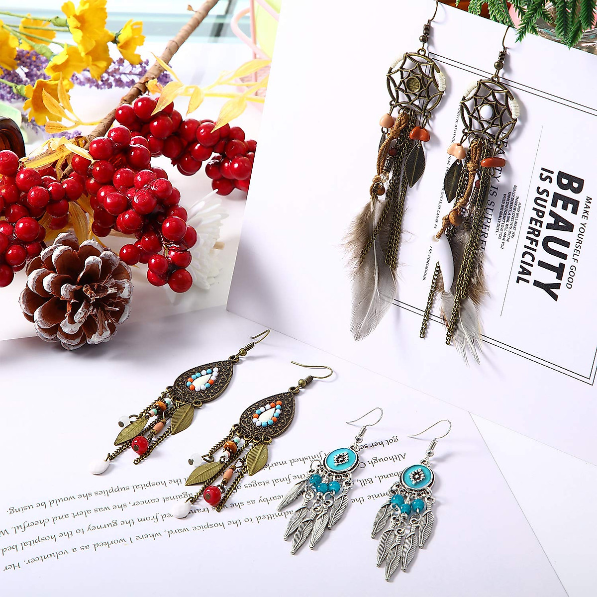 6 Pairs Women Faux Feather Earrings Dream Catcher Earring Bohemian Fringe Tassel Long Drop Dangle Earrings Set with Design for Women (Style 5)