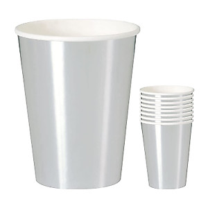 Trimming Shop Disposable Paper Cups Shiny Foil Metallic Silver Paper Cups 12oz (355ml) Party Cups Disposable Party Tableware for Indoor, Outdoor Dining, Birthday, Wedding, BBQ, Garden Party, 8pcs