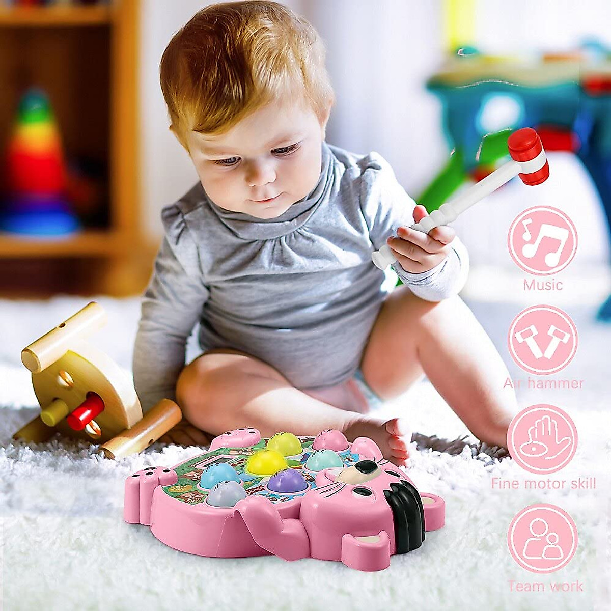 XDR Whack A Mole Game for Toddlers, Interactive Whack a Mole Pounding Toy, Fun Activities for Toddlers Games Age 3, 4, 5, 6,7 Early Development Learning, with Music, Lights, 2 Soft Hammers
