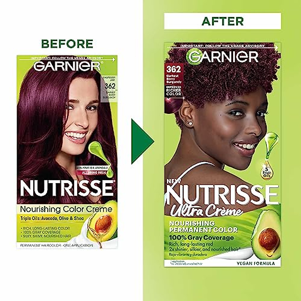 Garnier Hair Color Nutrisse Nourishing Creme, 362 Darkest Berry Burgundy (Raspberry Jam) Red Permanent Hair Dye, 2 Count (Packaging May Vary)