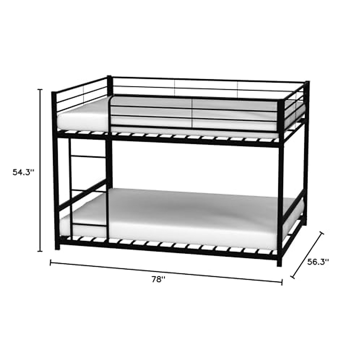 VINGLI Full Over Full Bunk Bed, Low Bunk Bed for Kids Floor Bed Full Size Bunk Bed for Adults,Heavy Duty Metal Slat, No Box Spring Needed, Black
