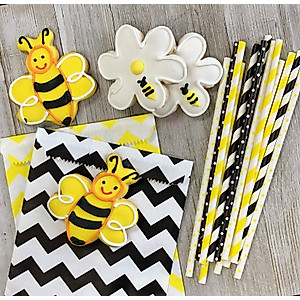 Outside the Box Papers Bee Theme Striped and Polka Dot Paper Straws 7.75 Inches 100 Pack Black, Yellow, White