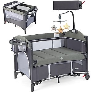 INFANS Pack and Play, Baby Bedside Sleeper with Bassinet, Diaper Changer, Mattress, Carry Bag, Music Box Hanging Toys, Foldable Bedside Crib, Portable Playard for Newborn Toddlers (5 in 1, Classic)