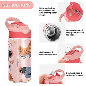 Cute Chickens and Flowers Kids Water Bottle, Vacuum Insulated Stainless Steel, Double Walled Leakproof Tumbler Travel Cup for Girls Boys Toddlers, 12 oz