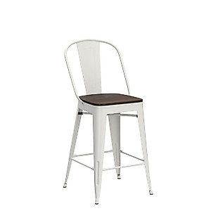 Aklaus Metal Bar Stools Set of 4, 24 inch Counter Height Bar Stools with Backs, Farmhouse Style, Larger Seat, High Back Kitchen Dining Chairs, Cream White Stool