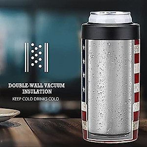 2 Pack Slim Can Cooler, 4-IN-1 Can Insulator for 12 Oz Beer & Soda, Double Wall Stainless Steel Can Sleeves Keep Your Beverages Cold (American Flag&Black)