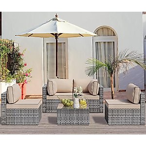 Walsunny Patio Furniture Set, 5 Pieces Outdoor Sectional Sofa Wicker Conversation Sets with Tea Table and Patio Couch Cushions(Khaki)