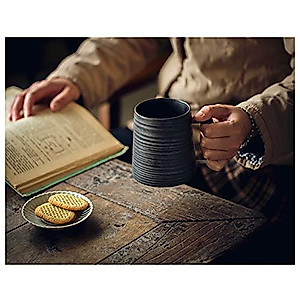 globe faith Large Handmade Pottery Coffee Mug, Unique Matte Metallic Antracite Ceramic Coffee Cup, Annular Texture Big Handle Clay Tea Mug for Home, Office or Gifts, Microwave & Dishwasher Safe,16 oz