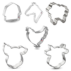 Barnyard Cookie Cutter Set 6 Pc - Fluffy Sheep 3.75 in, Chicken 3.75 in, Horse Head 3.5 in, Barn 3 in, Cow Face 4.25 in, Pig Face 4.25 in - Foose Cookie Cutters - USA Tin Plated Steel