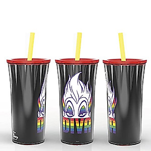 Zak Designs Disney Halloween Rainbow Collection Double-Wall Insulated Plastic Tumbler for Cold Drinks, Travel Cup with Splash-Proof Lid and Straw Made with Durable Materials (Ursula, 20 oz, Non BPA)