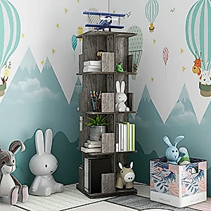 Tohomeor Rotating Bookshelf 4 Tier Bookcase Square Floor Standing 360° View Stackable Storage Display Book Rack Wooden Shelf for Living Room Nursery Bedroom Study Office Corner Space (Greige)