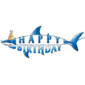 WERNNSAI Shark Happy Birthday Banner - Shark Party Decorations for Kids Boys Pre-strung Shark Birthday Banner Ocean Theme Party Supplies Beach Under The Sea Theme Party Hanging Wall Decor