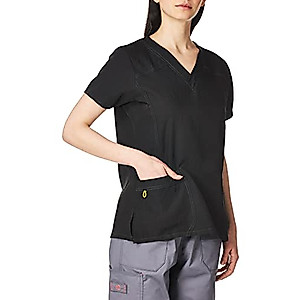 WonderWink Womens Four -Way Stretch Sporty V-Neck Top Medical Scrubs Shirts, Black, X-Large US