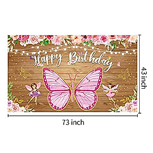 Butterfly Birthday Banner Backdrop Decorations for Girls Women, Fairy Themed Happy Birthday Backdrop Sign Party Supplies, 10th 16th 21st 30th 40th 50th Pink Flower Bday Background Decor