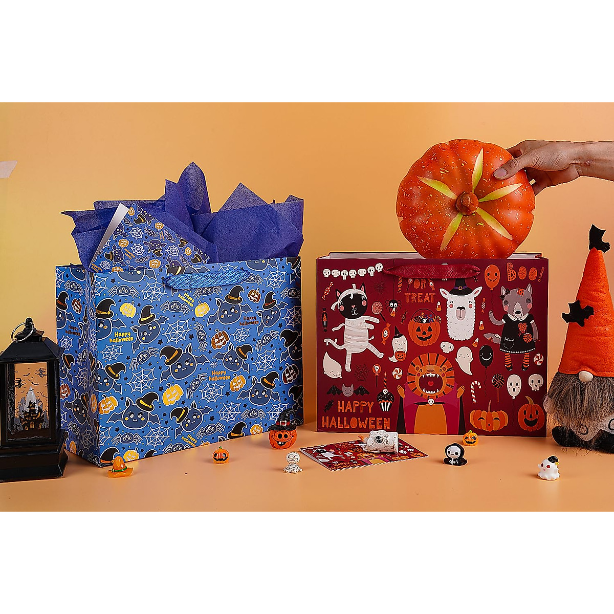 JWSCYSY 2Pack 12.6" Large Happy Halloween Bags with Card and Tissue Paper, Trick or Treat Paper Gift Bags for Kids Holloween Party Favor.