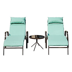 LOKATSE HOME 3 Pieces Outdoor Patio Chaise Lounges Chairs Set Adjustable with Folding Table, Light Blue Cushions