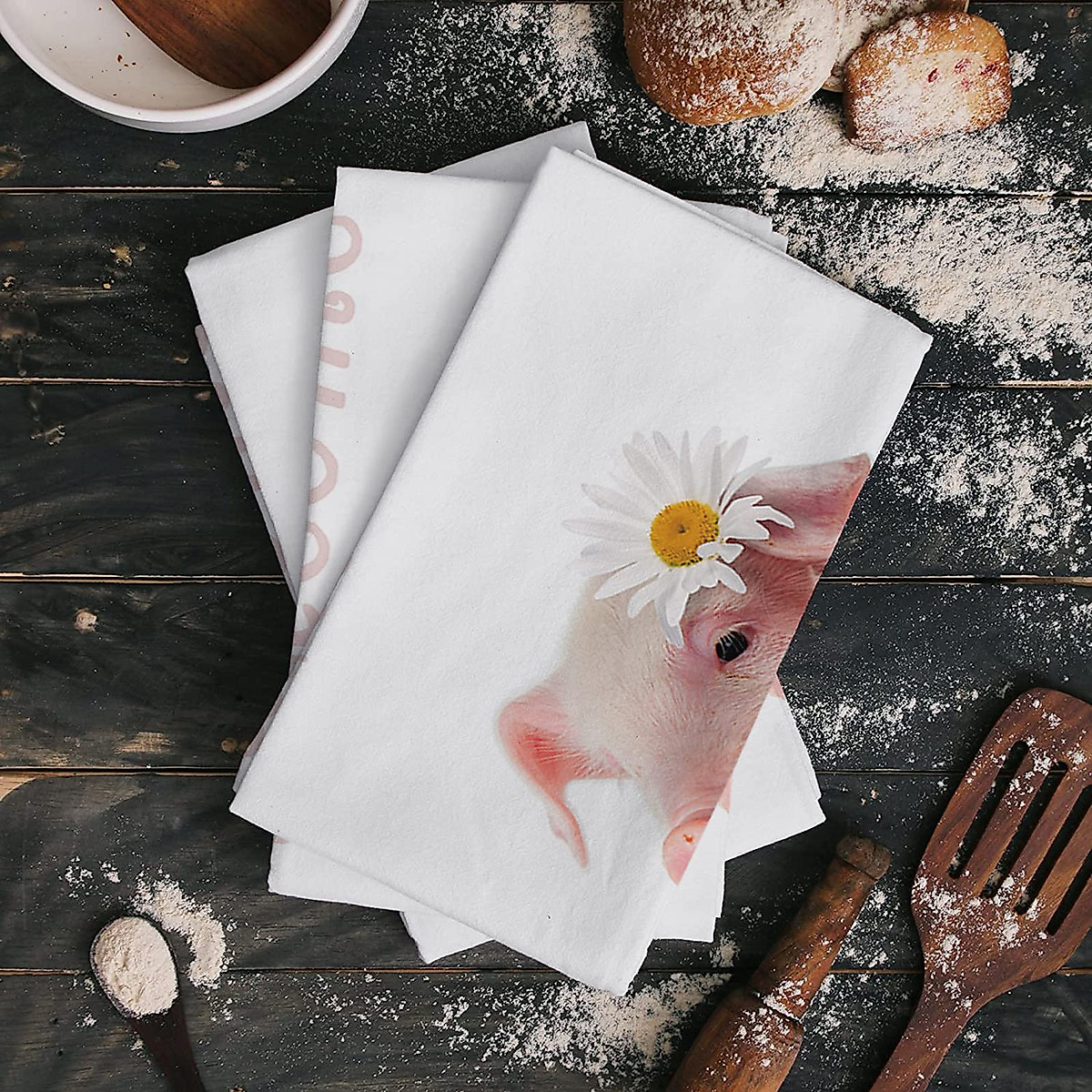 Kitchen Towels Set Farmhouse Pig Dish Towel Blue Wood Grain Dishcloths 2 Pack, 18x28 Inches Absorbent Soft Cotton Dish Cloths Bar Towels & Tea Towels