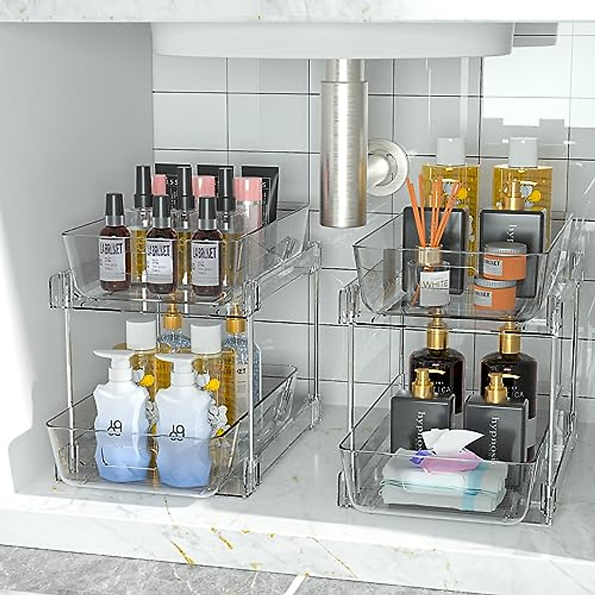WUHUIXOZ 3 Pack 2 Tier Clear Under Bathroom Sink Organizers and Storage, Medicine Cabinet Organizer with Dividers, Pull Out Kitchen Pantry Shelf Cupboard Closet Vanity Organization Bins