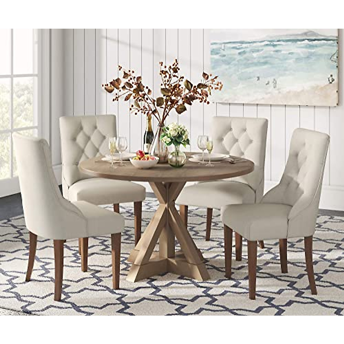 Finch Alfred Round Solid Wood Rustic Dining Table for Farmhouse Kitchen Room Decor, Wooden Trestle Pedestal Base, 46.5" Wide Circular Tabletop, Distressed Beige