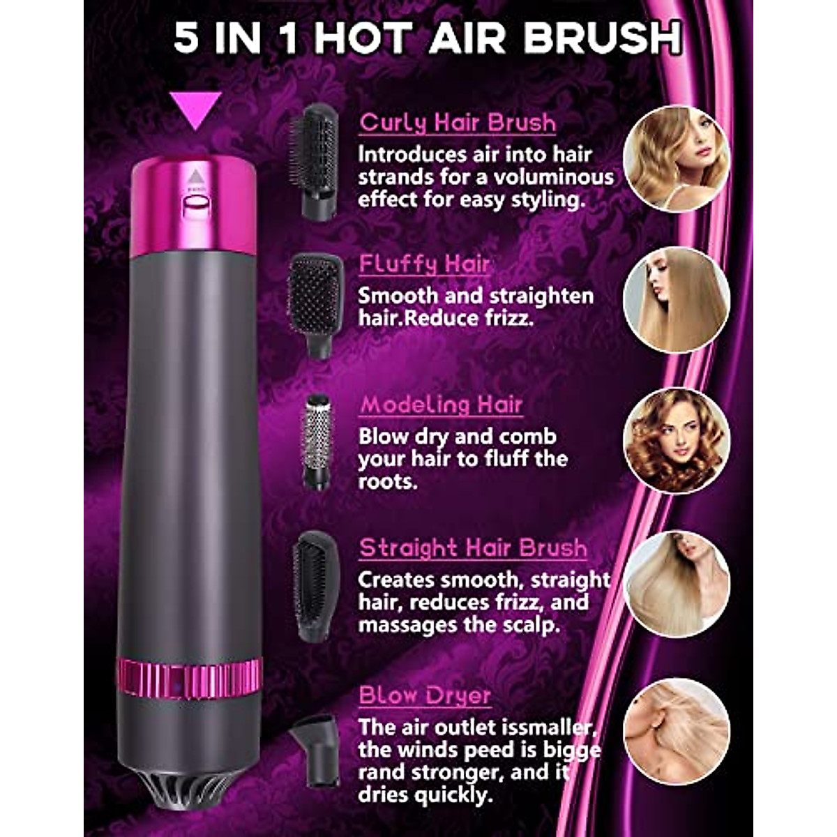 5 in 1 Hair Dryer Brush, Negative Ion Electric Hot Air Blow Dryer Brush Comb, Detachable and Interchangeable Hair Straightener Curly Hair Comb for All Hairstyle