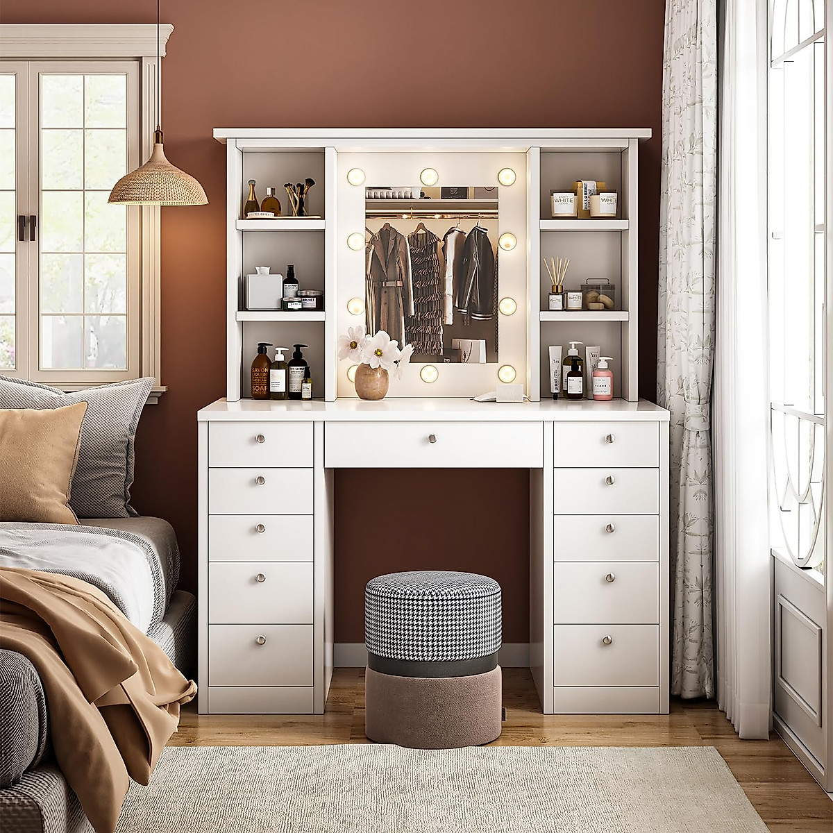 Runboll Vanity Desk with Mirror and Lights, Large Makeup Vanity with Lots of Storage, 45.3" L Dressing Table White with 10 Bulbs, 4 Open Shelves and 11 Drawers, 3 Lighting Modes, Brightness Adjustable