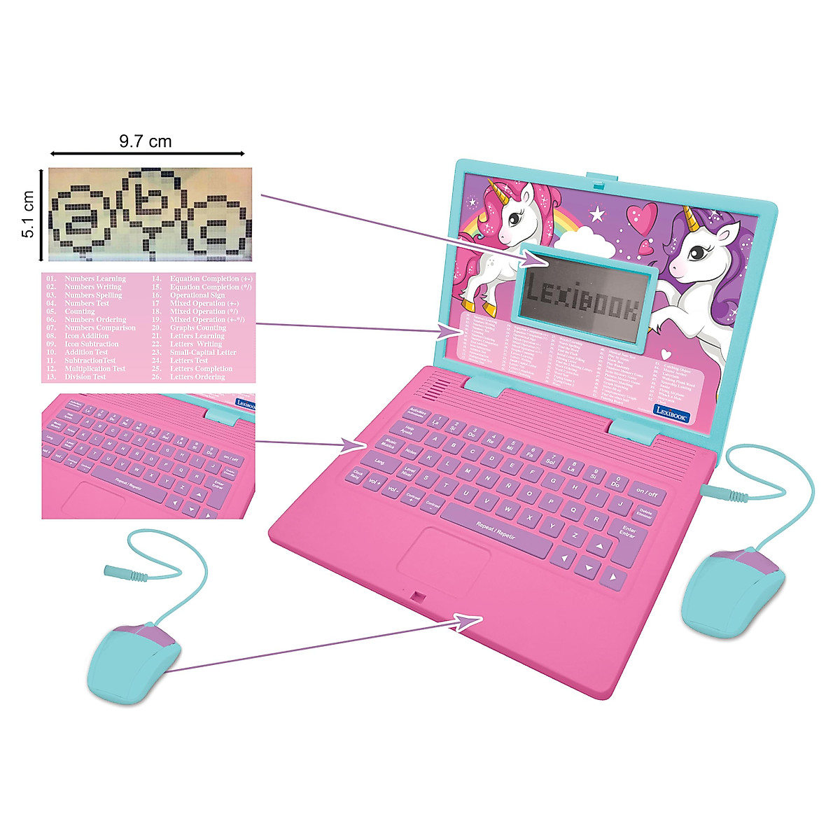 LEXiBOOK - Unicorn Educational and Bilingual Laptop Spanish/English - Toy for Children with 124 Activities to Learn Mathematics, Dactylography, Logic, Clock Reading, Play Games and Music - JC598UNIi2