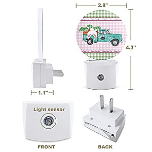 Happy Easter Truck Bunny Night Lights Plug into Wall, Pink Green Buffalo Blue Auto Round LED Lights with Dusk to Dawn Sensor for Bedroom, Bathroom, Hallway, Kitchen, Kids, Home Decor