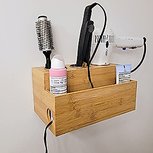HHE Bamboo Hair Dryer Holder For Bathroom Hair Accessories Curling Iron Styling tools Makeup Cosmetics Organizer for Countertop Wall Mountable All Natural Bamboo