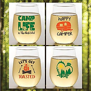 Set of 4 Shatterproof Designer 16 oz Plastic Wine Glasses MADE in the USA (CAMPING)
