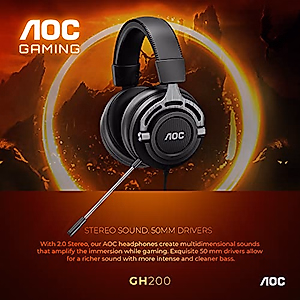 AOC Gaming GH200 Wired Gaming Headset with 2.0 Stereo Sound, Built-in Detachable Microphone, Premium Protein Leather, Integrated Control Panel and 3.5 mm Cable Connection