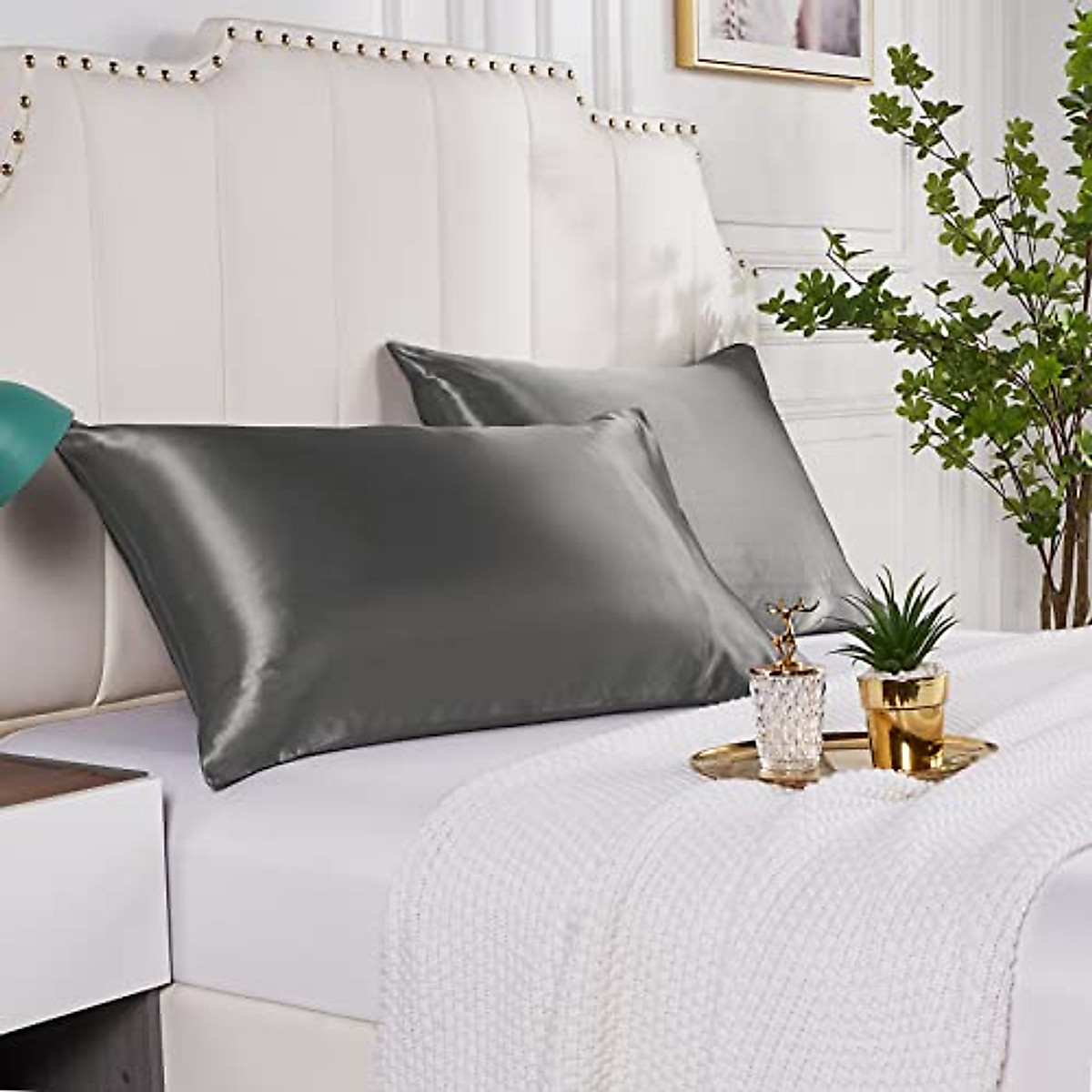 Satin Silk Pillowcases for Hair and Skin 2 Pack Standard Size Pillow Cases Wrinkle Resistant Ultra Soft Pillow Covers with Envelope Closure(Dark Grey, 20”X26”)