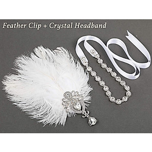 SWEETV 1920s Feather Headpiece Ivory, Womens Ostrich Feather Crystal Headband, Great Gatsby Hair Accessories for Women, Ribbon Tie