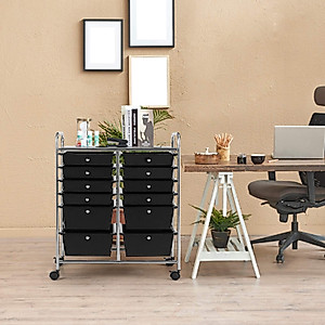RELAX4LIFE Storage Cart W/12 Drawers Rolling Wheels Semi-Transparent Multipurpose Mobile Rolling Utility Cart for School, Office, Home, Beauty Salon Files Arrangement Storage Organizer Cart (Black)