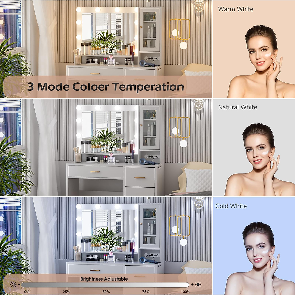 Likein Vanity Desk with Mirror and Lights, White Vanity Makeup Desk with Drawer & Glass Storage Cabinet & Charging Station, 3-Color Lights Adjustable Brightness, Make Up Dressing Table for Bedroom