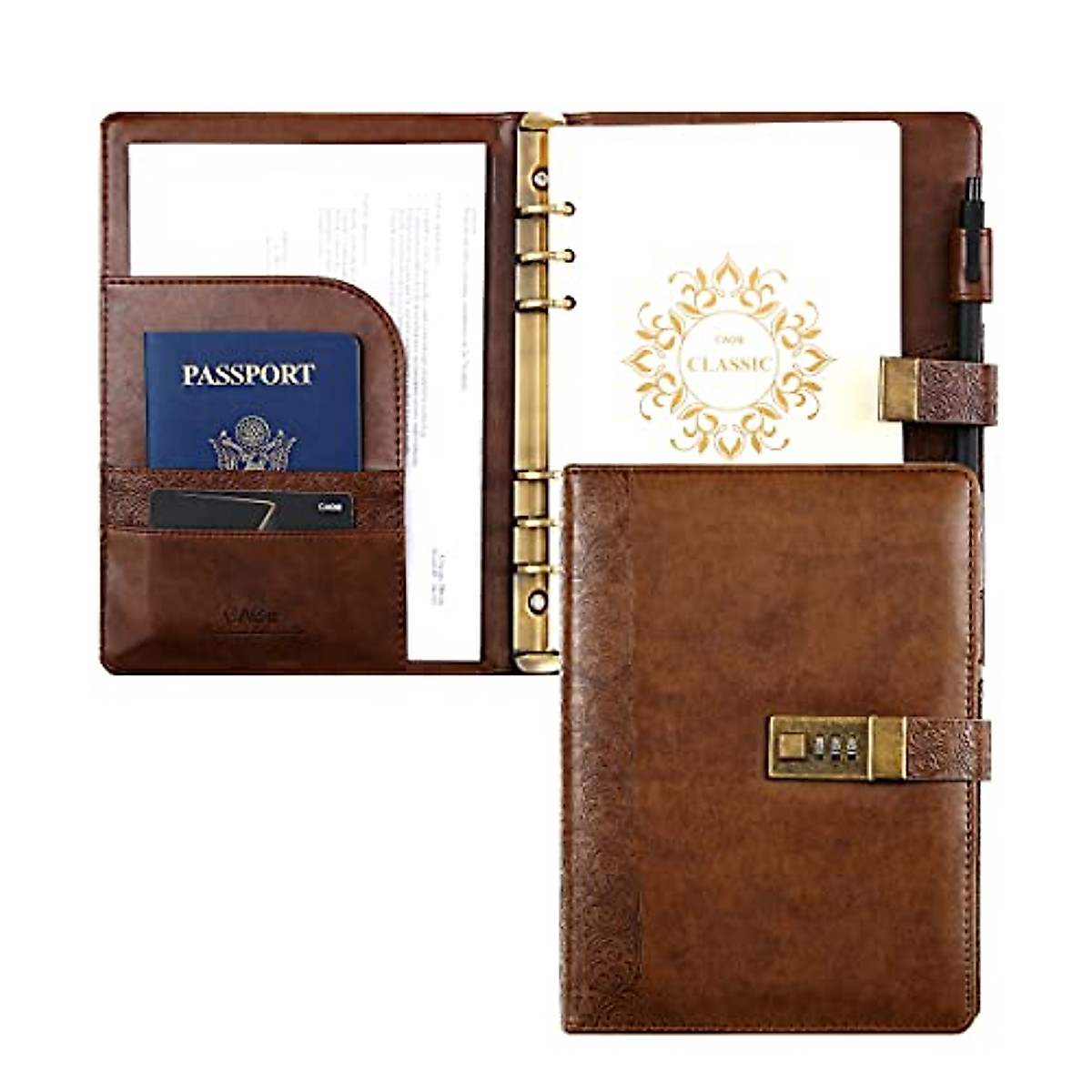 CAGIE Journal with Lock for Adults, Large Refillable Lock Diary 6 Ring Binder Notebook with Lock for Men Women, 7 x 9 Inch, Brown