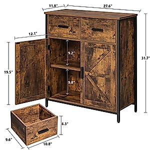 WEENFON Storage Cabinet, Floor Storage Cabinet with 2 Large Drawers, Accent Cabinet with 2 Barn Doors, Sideboard Cabinet for Living Room, Entryway, Kitchen, Industrial, Rustic Brown