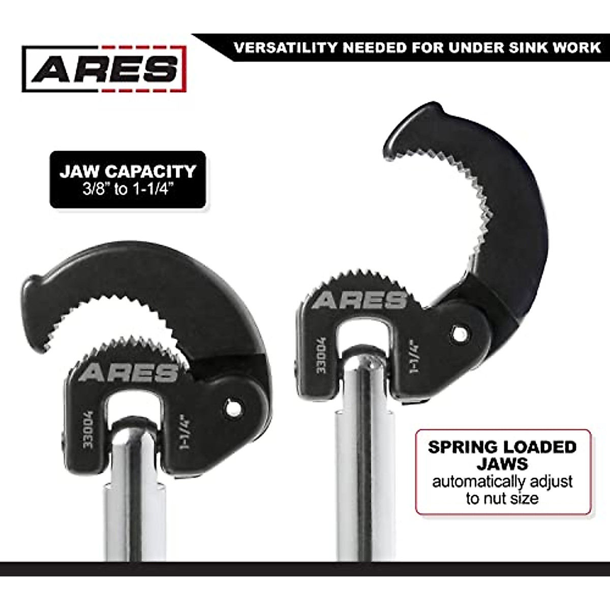 ARES 33004-11-Inch Basin Wrench with Adjustable Jaw - Jaw Adjusts from 3/8 Inch to 1 1/4 Inch - Basin Wrenches Increase Access in Tight Spaces