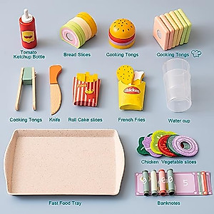 ROBOTIME Wooden Pretend Play Food Set for Kids, Hamburger Set Shop with Sandwich Counter Toys, Play Kitchen Food Toys for Toddlers Ages 3+