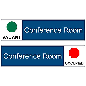 ComplianceSigns.com Conference Room (Vacant/Occupied) Sliding Engraved Sign for Wayfinding, 8x3 in. White on Blue Plastic in Silver Bracket