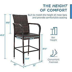 JOYBASE Outdoor Bar Stools Set of 2, Patio Stools, Tall Patio Chairs, Wicker Rattan Outside Barstool with Back and Armrest (Brown)