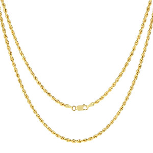 Nuragold 14k Yellow Gold 3mm Solid Rope Chain Diamond Cut Link Pendant Necklace, Mens Womens Jewelry 16" 18" 20" 22" 24" 26" 28" 30"